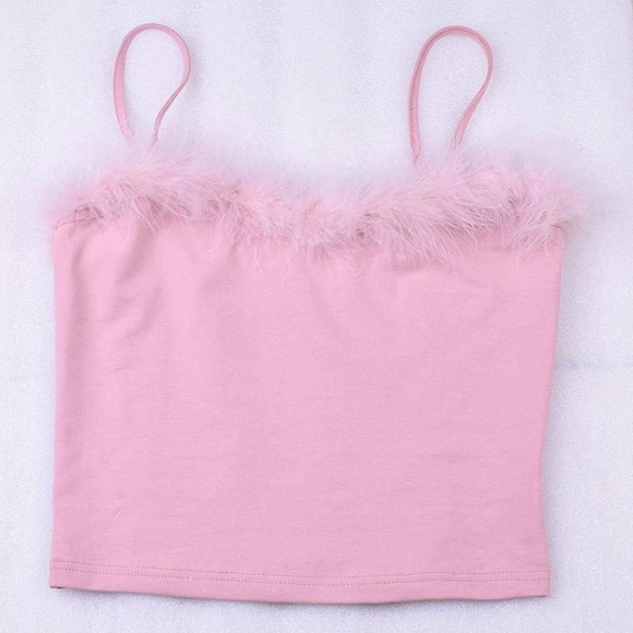 Tops | Fur Trim 9s Deco Spaghetti Strap Crop Baby Tee | Poshmark